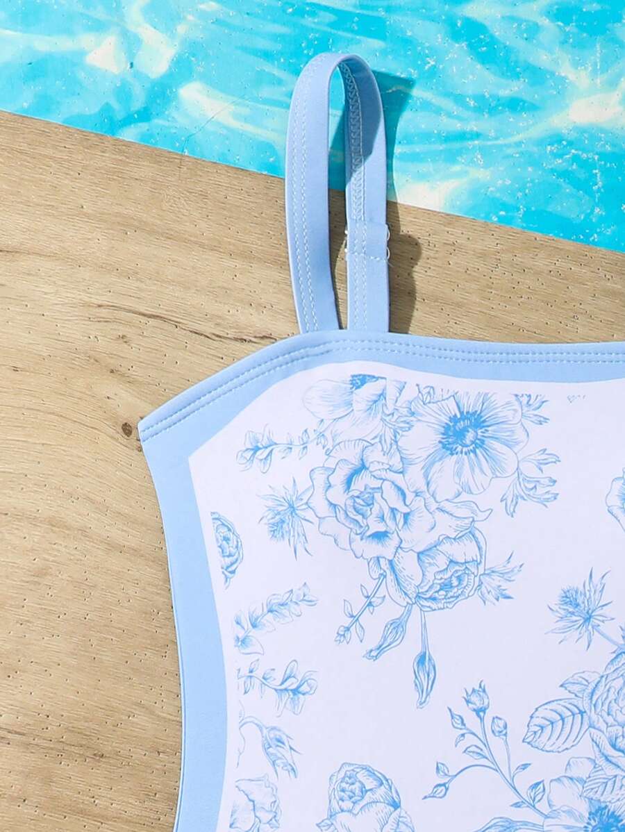 Tween Girl One-Piece Swimsuit Printed Pattern With Positioned Ruffles ...