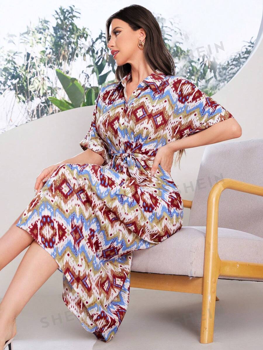 SHEIN Mulvari Women Geometric Pattern Shirt Dress, Perfect For Summer ...