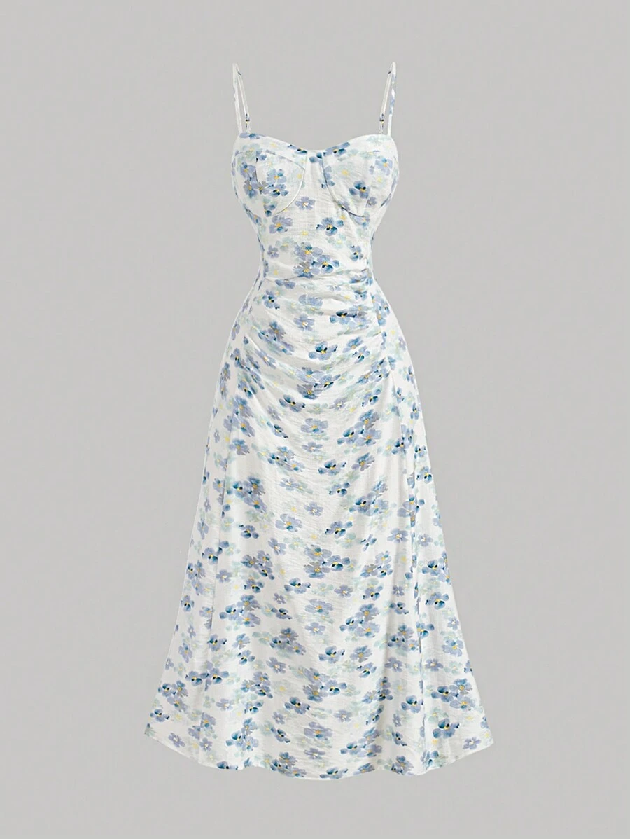 SHEIN MOD Blue Romantic Printed Pleated Dress For Summer | SHEIN UK