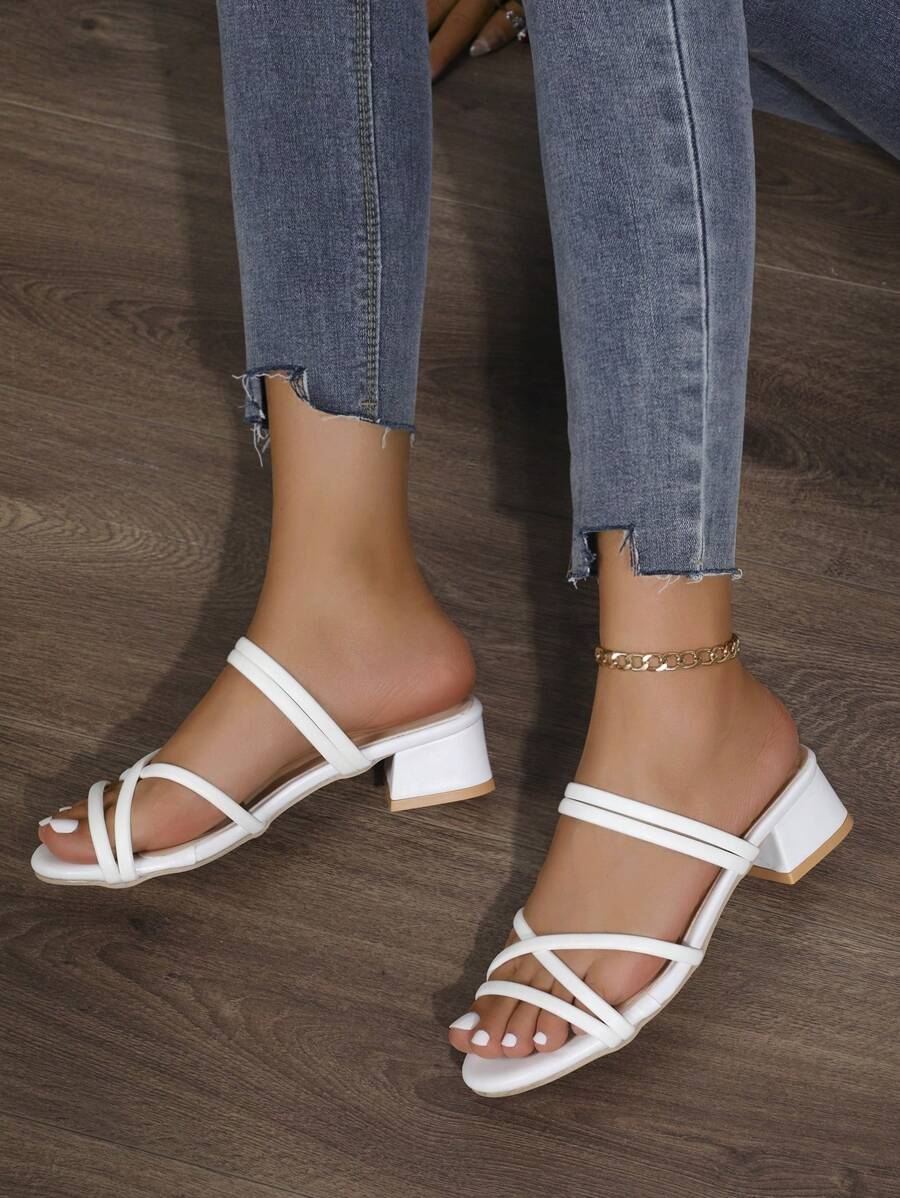 Women Fashion Open Toe Square Heel White Sandals With Ankle Strap And ... Women Fashion Open Toe Square Heel White Sandals With Ankle Strap And ...