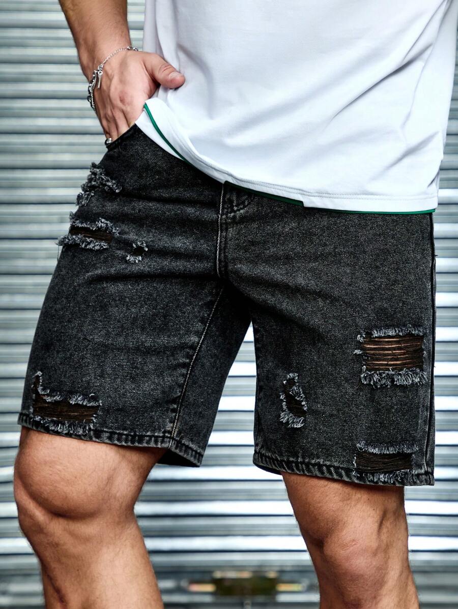 Manfinity LEGND Men Grey Loose Denim Shorts Plain Jorts Denim Shorts ...