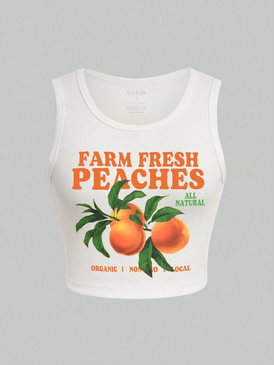 INAWLY Summer Casual Orange/Letter Printed Tank Top FARM FRESH PEACHES ...