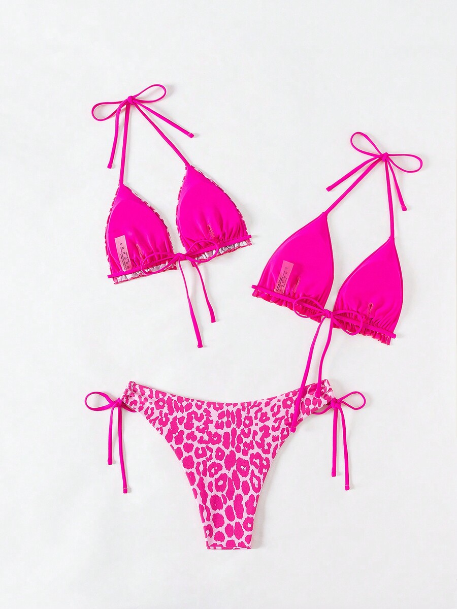 Shein Swim Mod Women Holiday Leopard Print And Solid Color Halter Strap