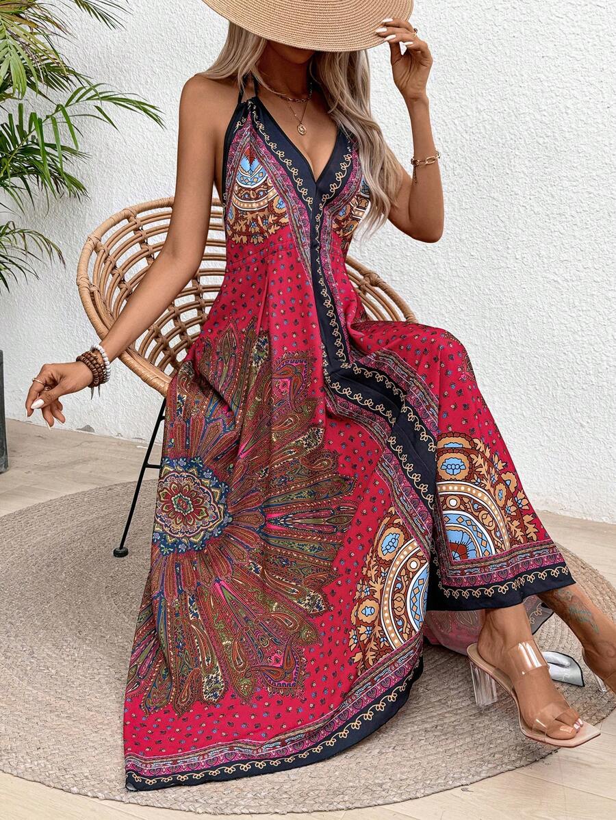 Breezaya Women Floral Print Halter Neck Backless Long Sexy Maxi Dress ...
