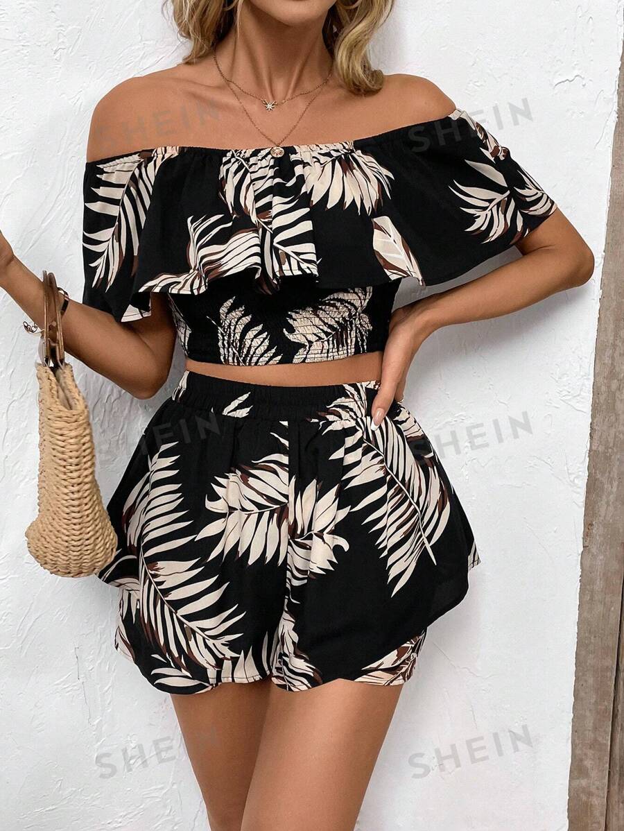 SHEIN Frenchy Women 2024 Holiday Ruffle Edge Cable Off Shoulder Vacation Summer Clothes Two ...