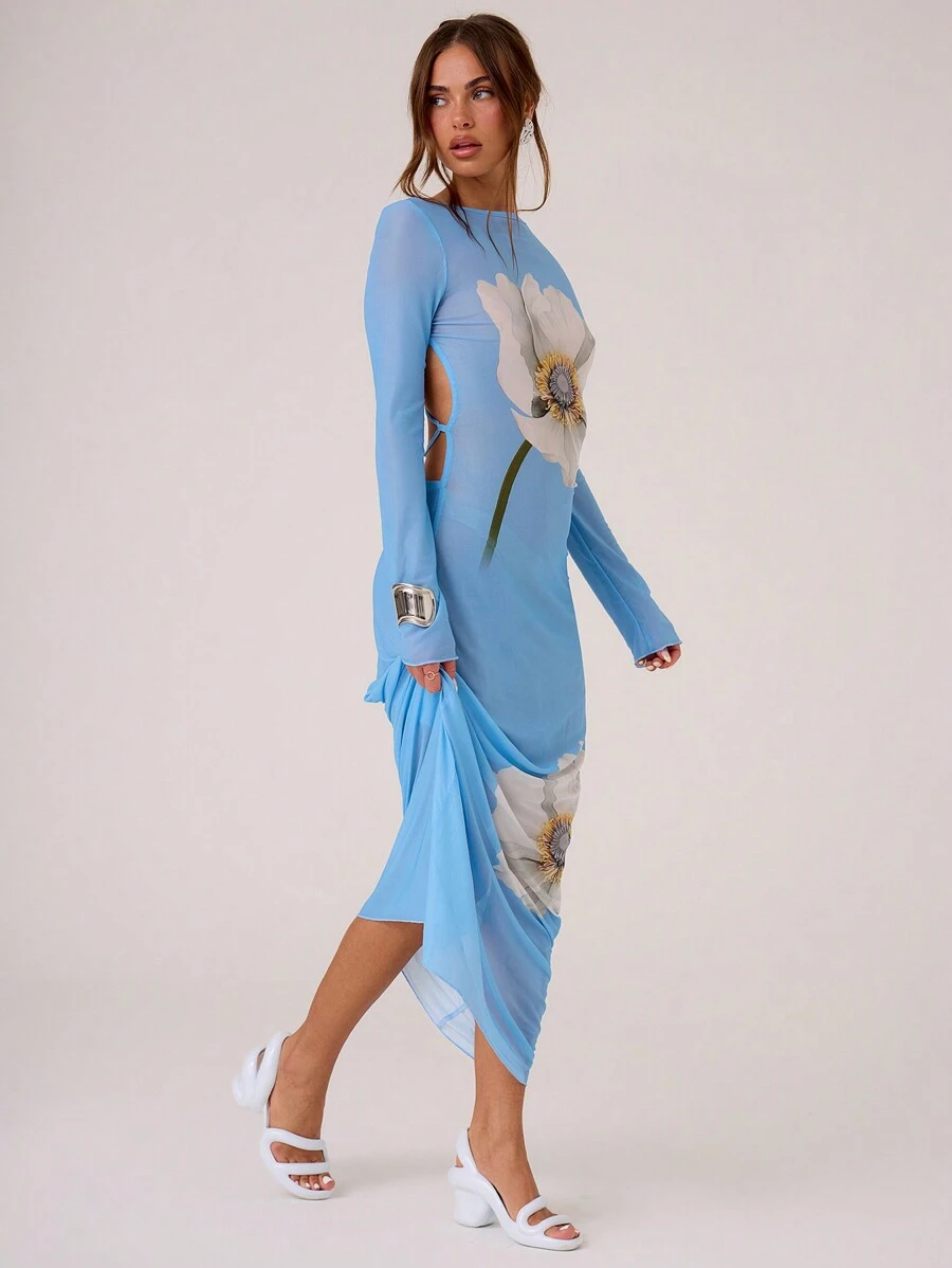 MUSERA Mesh Floral Printed Backless Maxi Dress Vacation Summer Pastel Wedding Guest Sheer ...