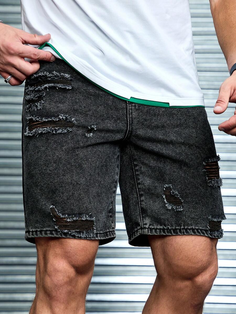 Manfinity LEGND Men Grey Loose Denim Shorts Plain Jorts Denim Shorts ...