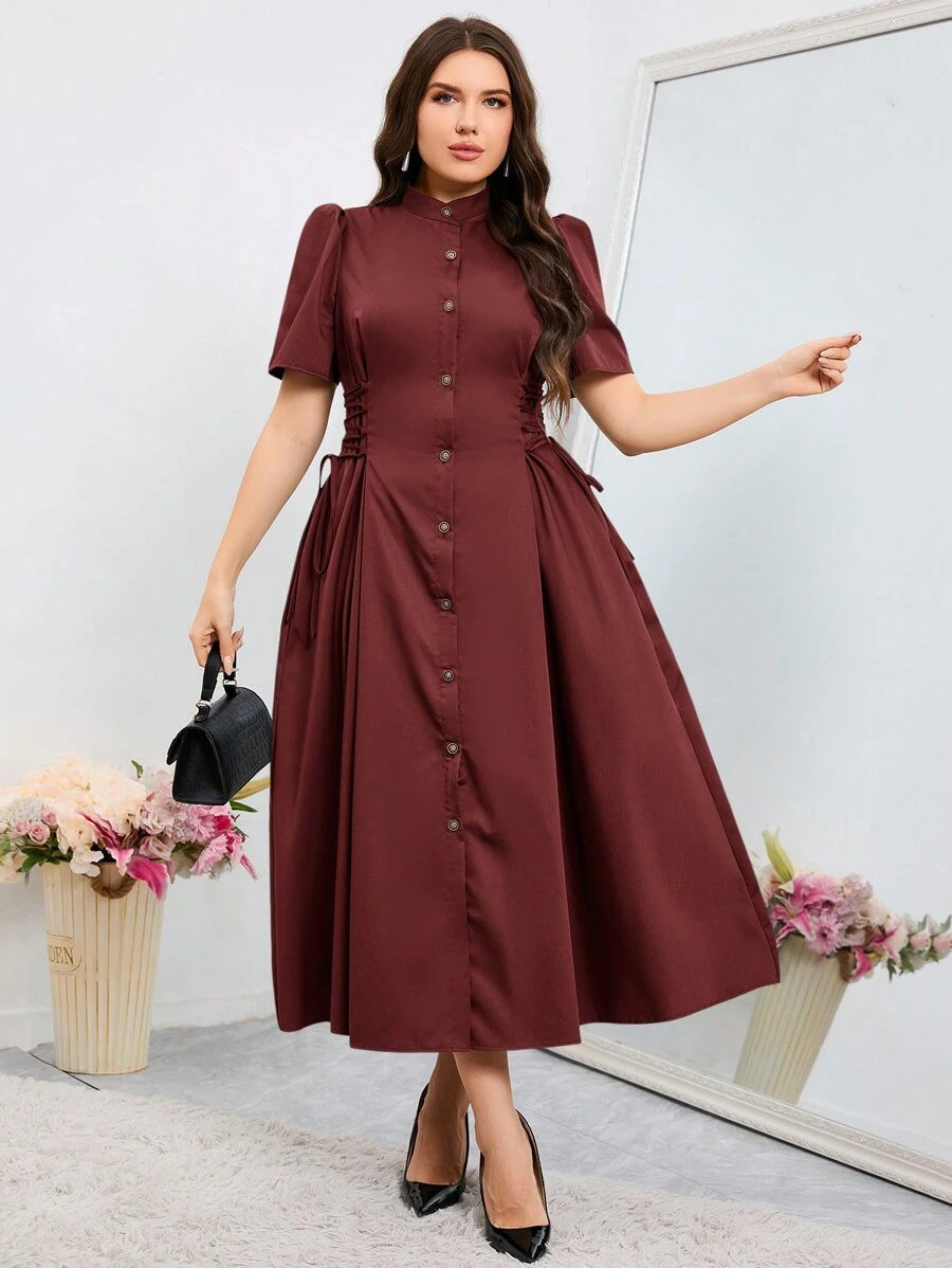 SHEIN Modely Burgundy Red Plus Size Short Sleeve Dress With Single ...
