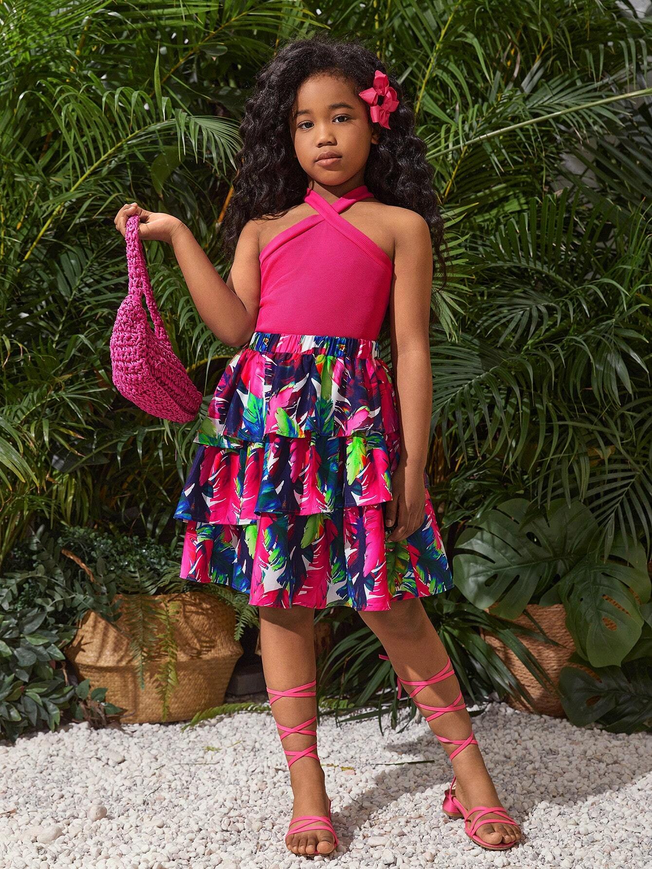 SHEIN Tween Girls' Spring/Summer Knit Solid Color Halter Neck Top And ...