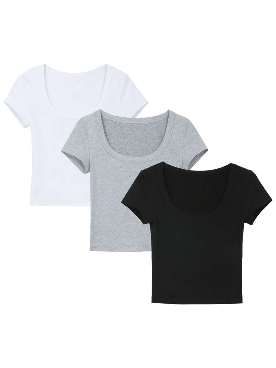 DAZY Women Basic Slim-Fit Short Sleeve T-Shirt With U-Neck In Multiple Colors | SHEIN USA