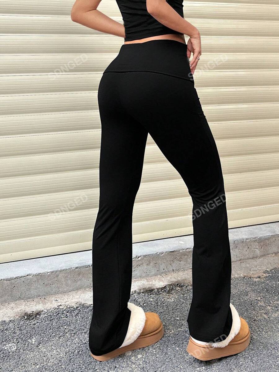 Women's Casual Solid Color Wide-Waist Flare Pants, Leggings Fold-Over Waist High Waist Ruched ...