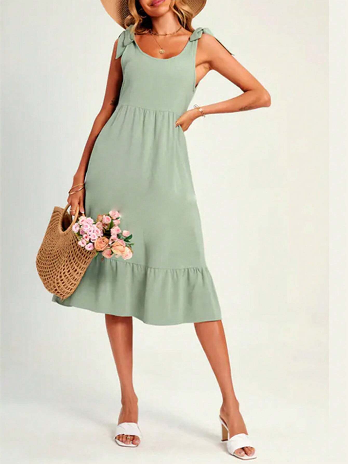 SHEIN Clasi Summer Mother Day Lady Green Sundress With Tied Shoulder ...