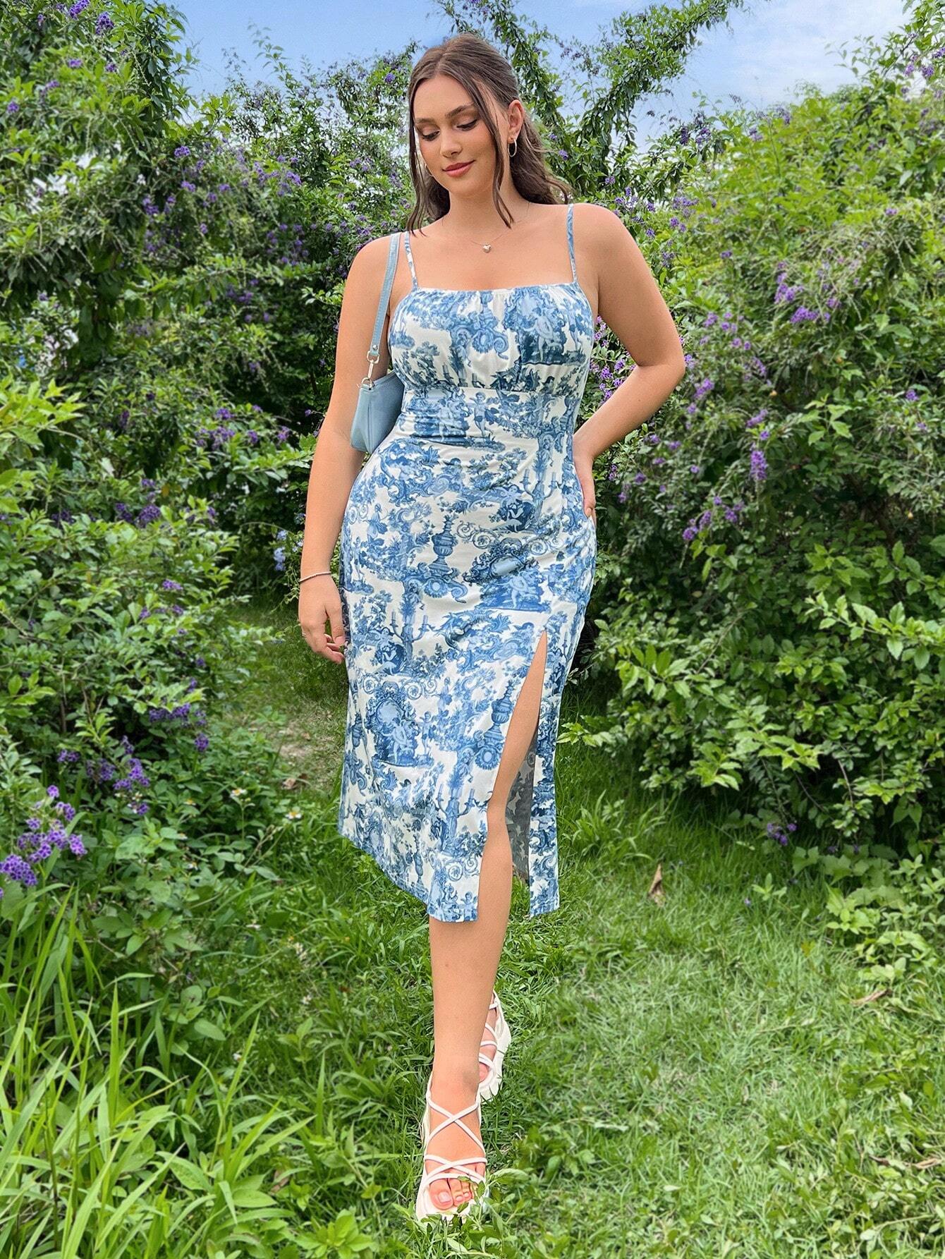 SHEIN EZwear ผู้หญิงขนาดบวกประติมากรรมสีขาวและสีฟ้าถัก Sundress วันหยุด ...