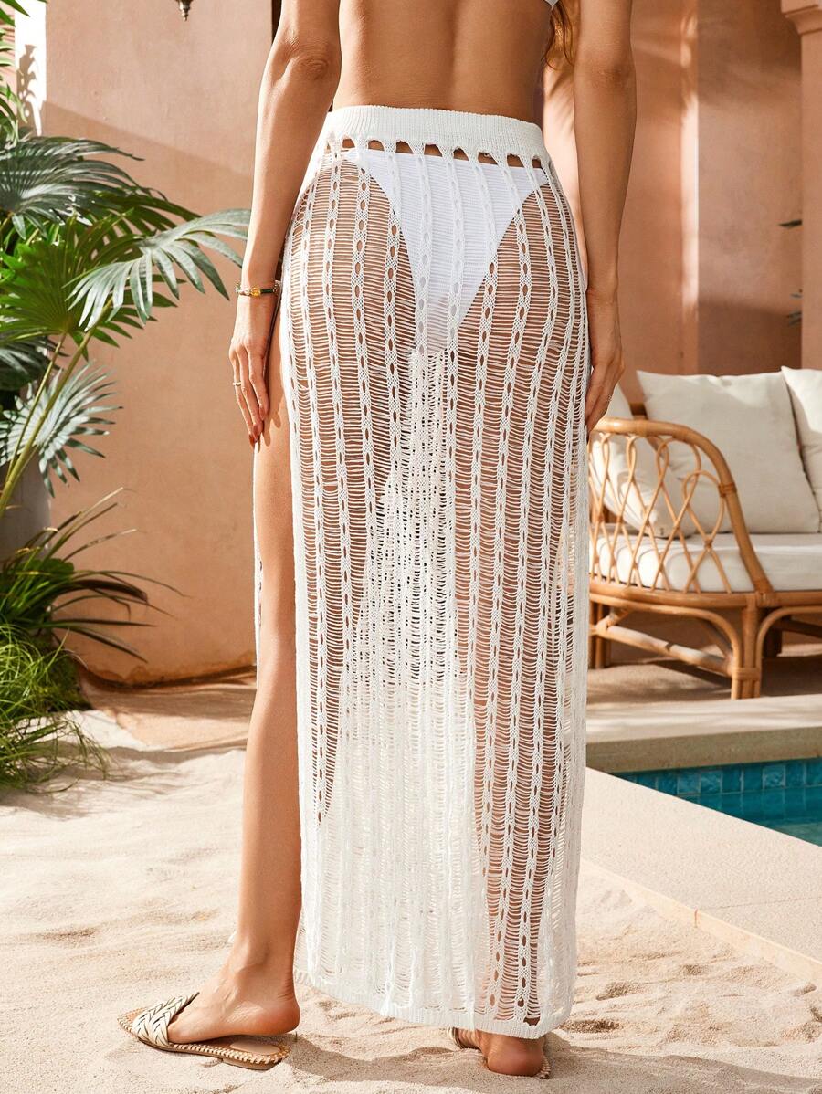Swim Vcay Summer Women Beach Resort Pool Solid Color Hollow Out Knit Side Slit Cover-Up Skirt ...