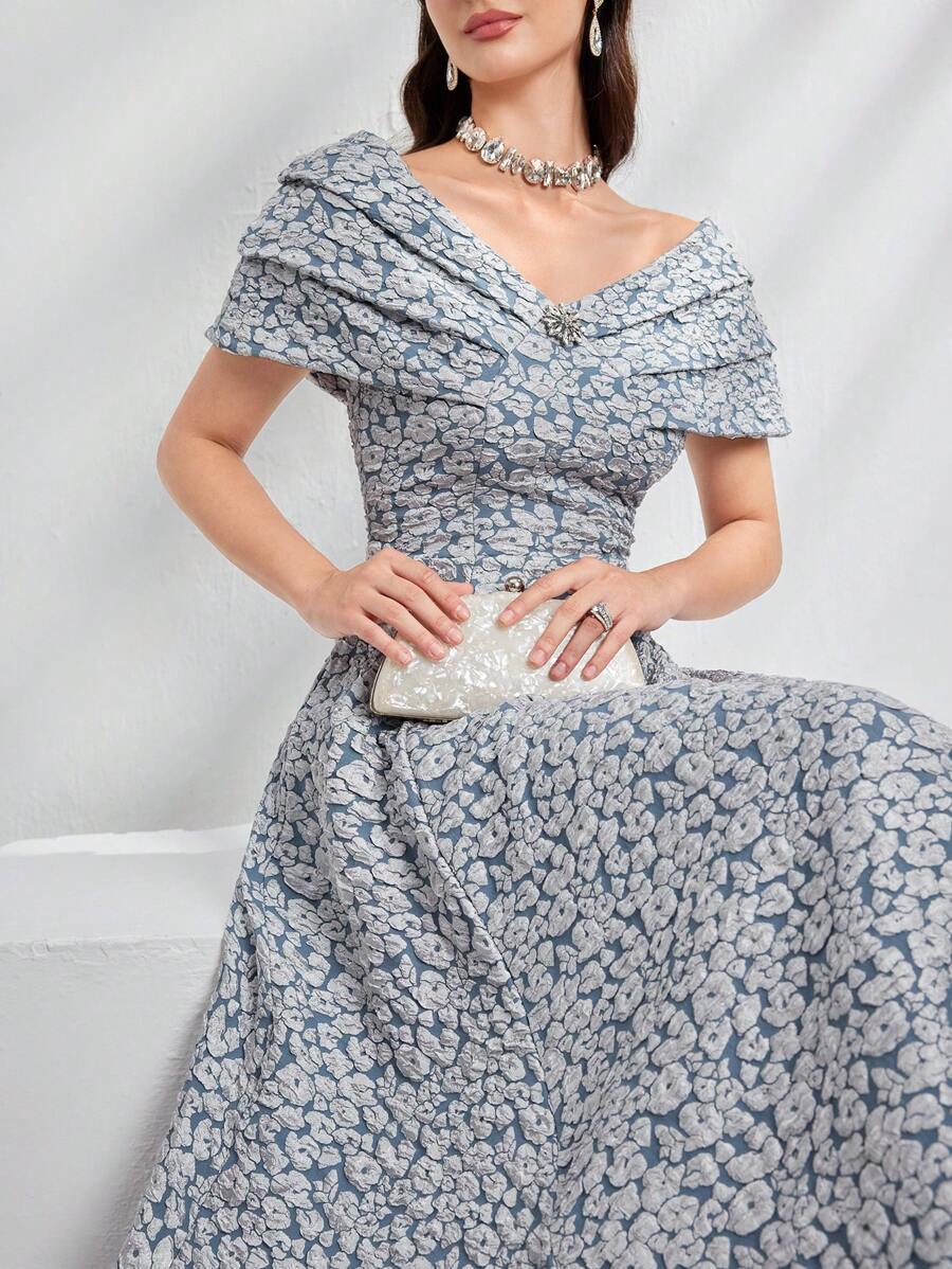 Modelyn Women Summer Elegant Floral Jacquard Pleated Off Shoulder Long ...