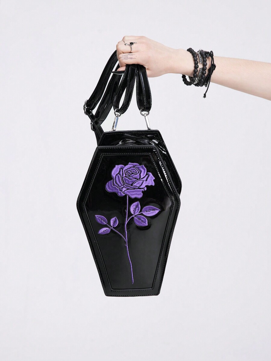 ROMWE Goth Flower Pattern Gothic PU Leather Bag With Embroidered Rose ...