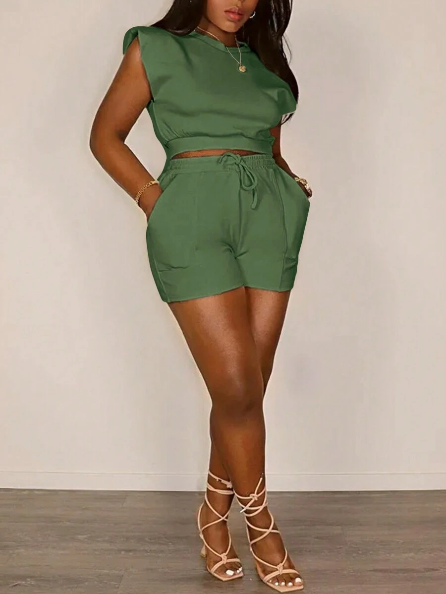 Slaydiva Conjunto de camiseta con manga de gorra unicolor y shorts ...