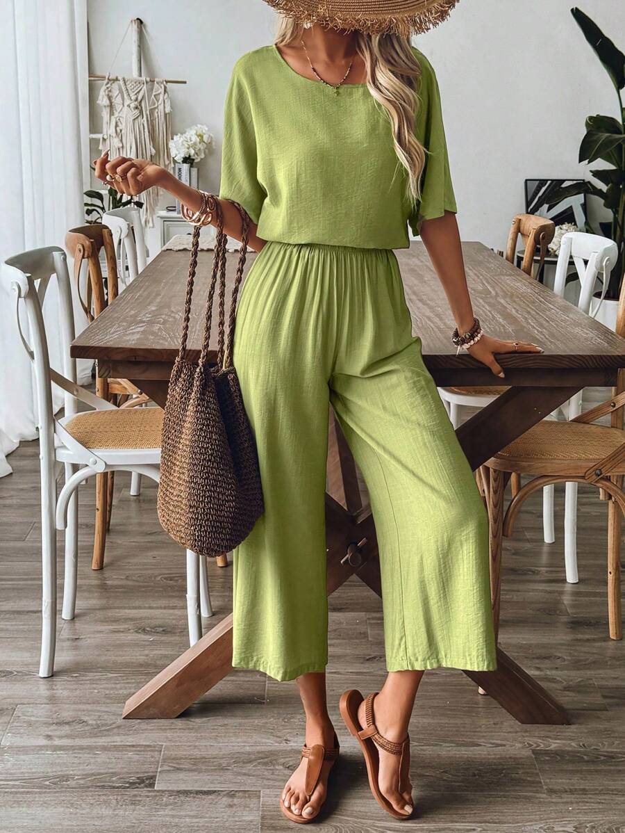 SHEIN JORESS Round Neck Loose Fit Linen-Like Casual Two Pieces Set ...