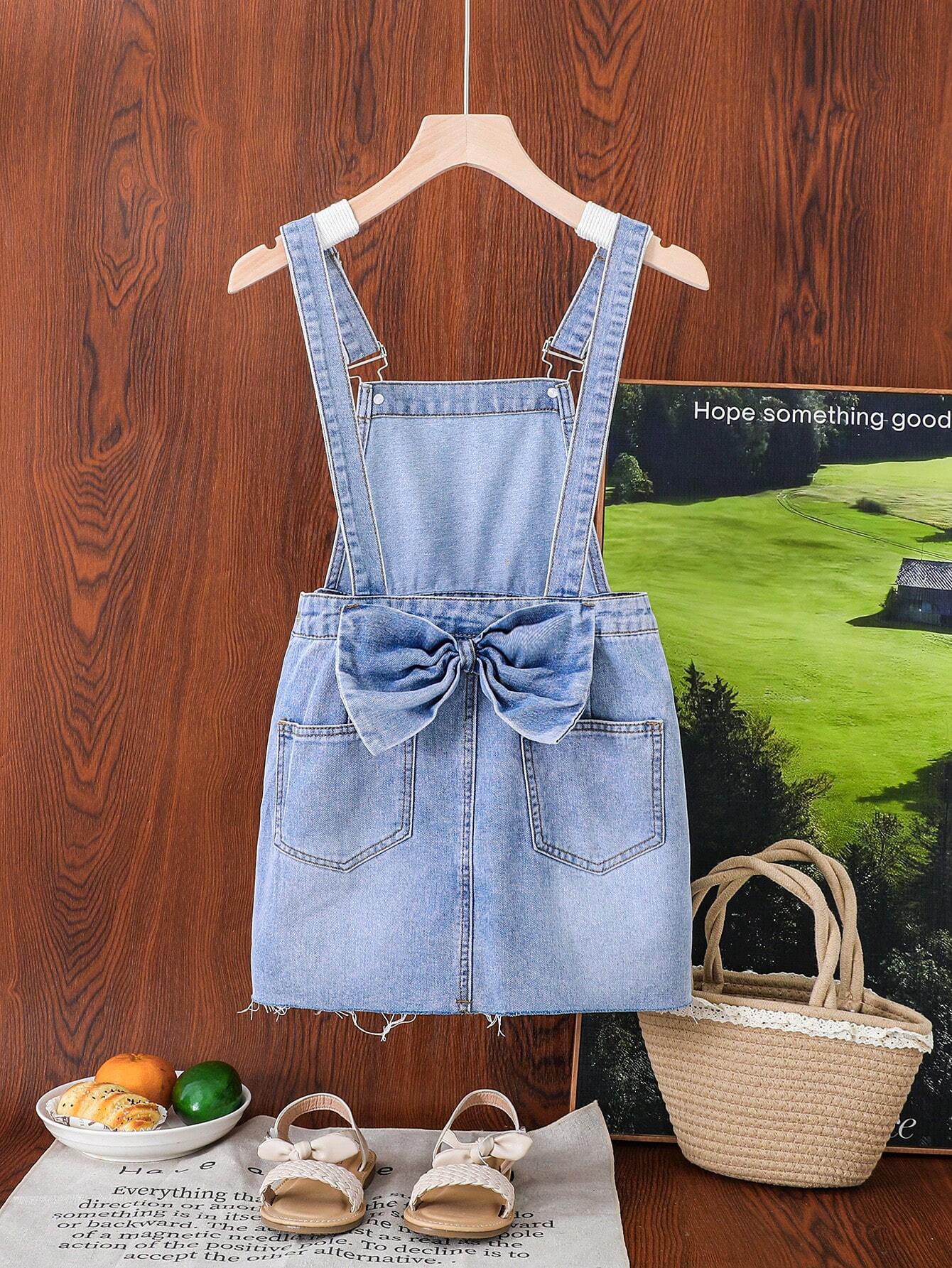 SHEIN Tween Girl Summer Boho Cute Bow Knot Back Design Ripper Denim ...