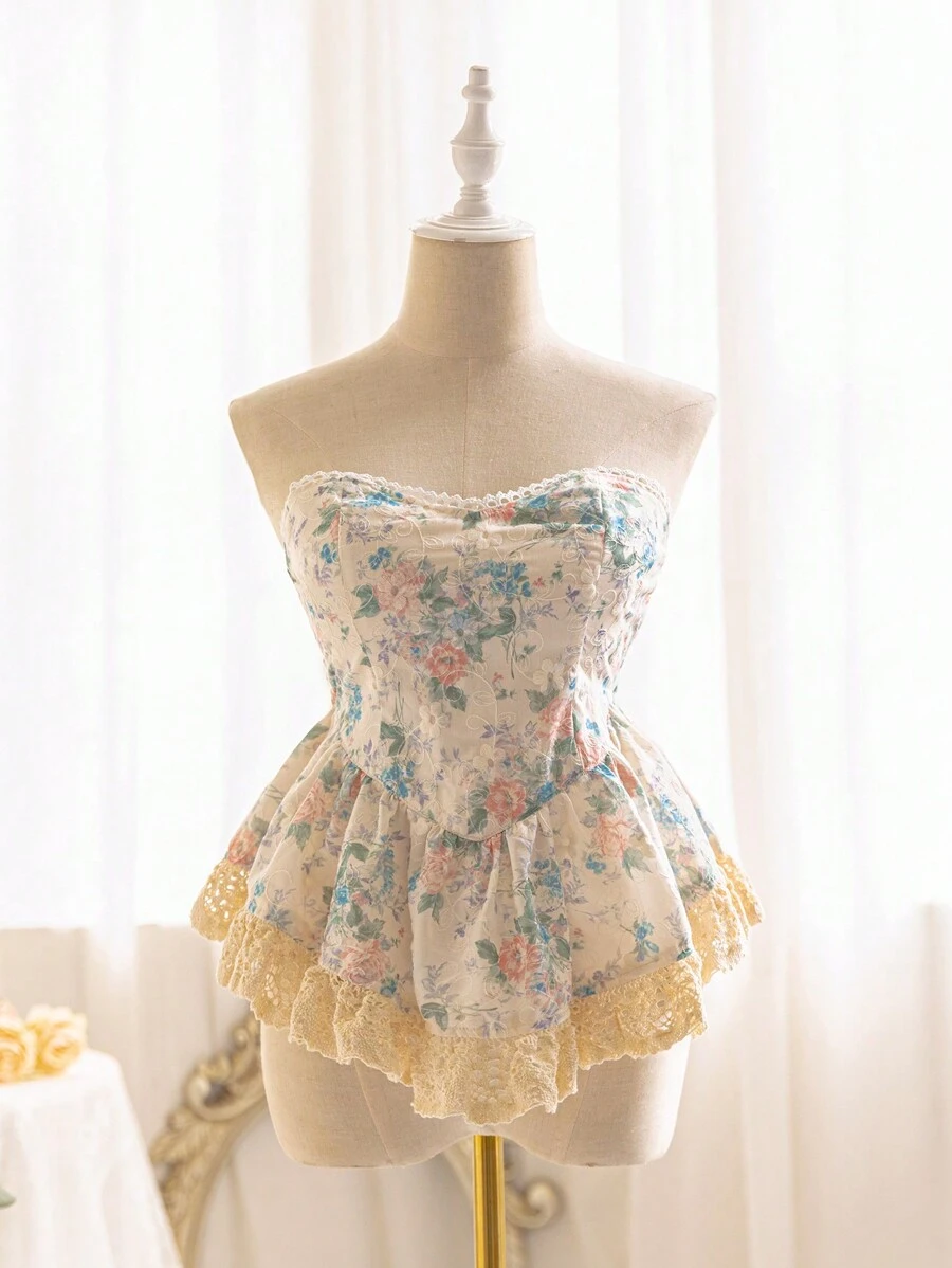 Soleia Women Blue Floral Printed Lace Trim Ruffle Hem Bandeau Top ...