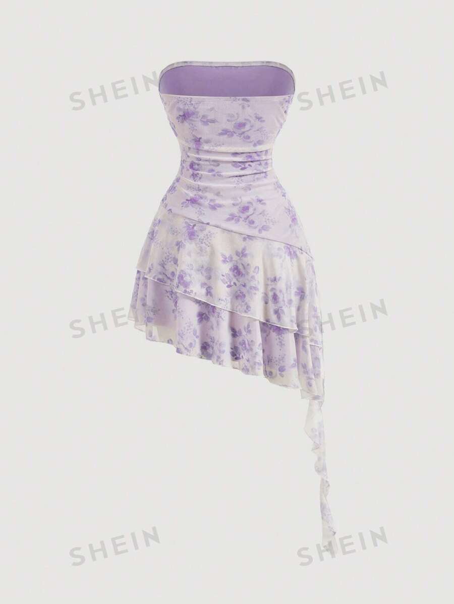 SHEIN MOD Purple Gradient Strapless Floral Double Layered Ruffle ...