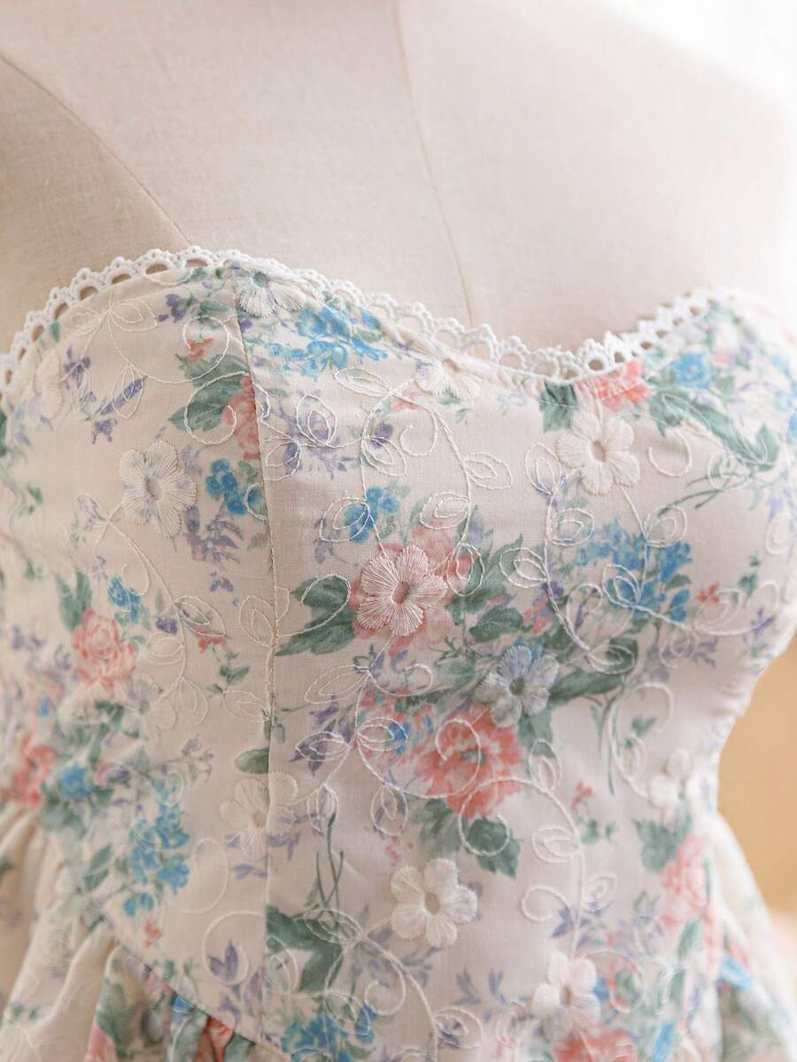 SHEIN WYWH Women Blue Floral Printed Lace Trim Ruffle Hem Bandeau Top ...