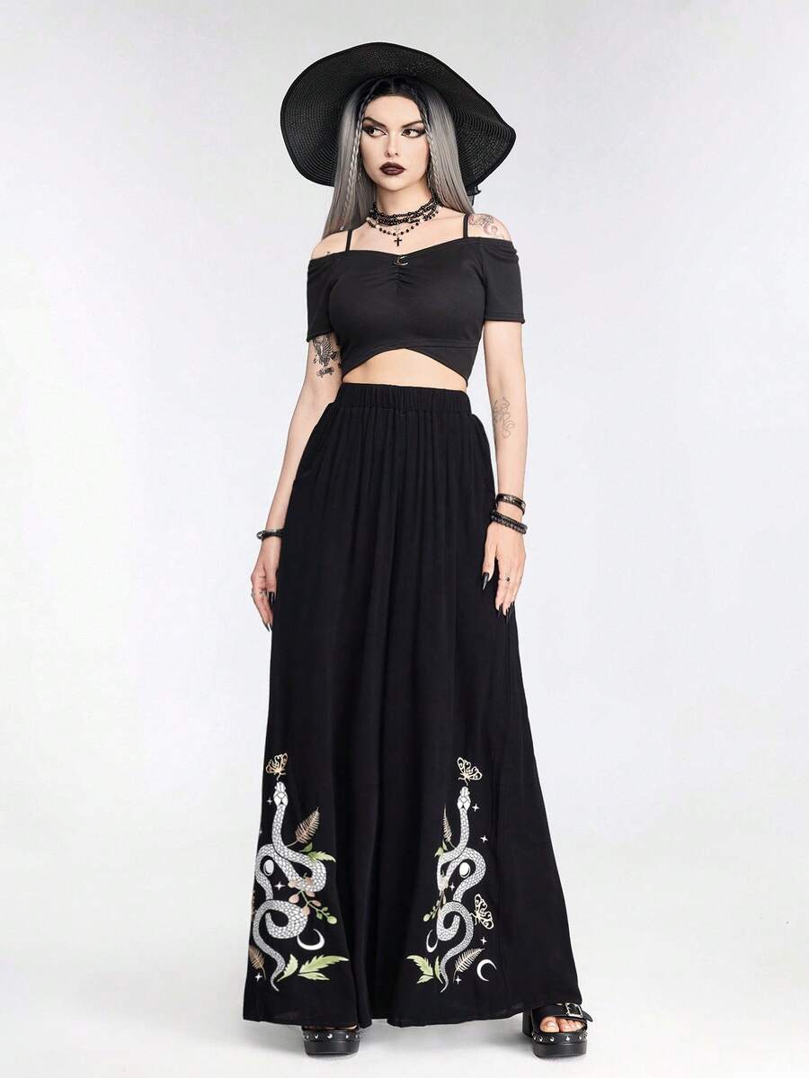 ROMWE Goth Women Gothic Style Serpent And Plant Printed Wide Leg Summer ...