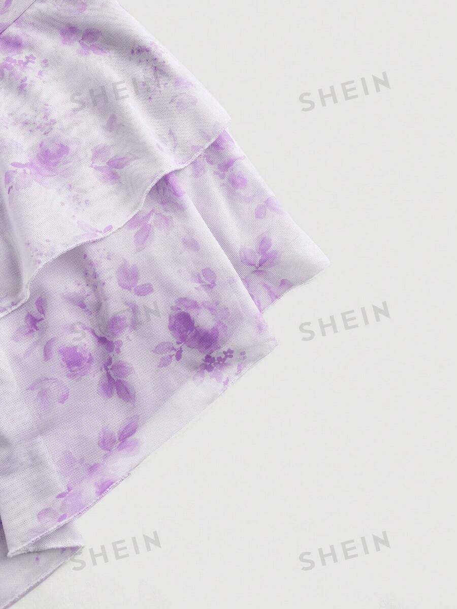 SHEIN MOD Purple Gradient Strapless Floral Double Layered Ruffle ...