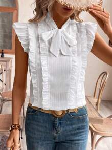 SHEIN Frenchy Summer White Texture See-Through Shirt, Ribbon Neckline, Elegant Romantic Suitable ...
