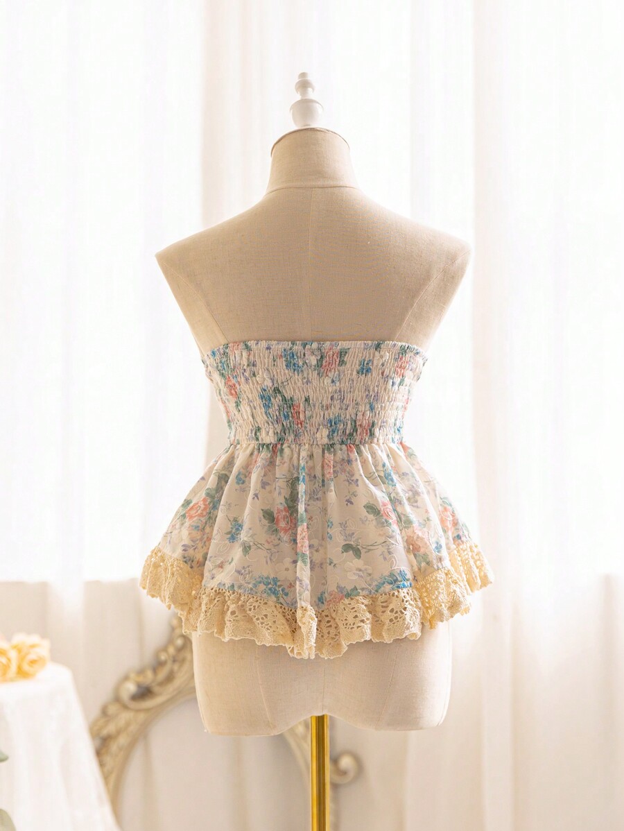 SHEIN WYWH Women Blue Floral Printed Lace Trim Ruffle Hem Bandeau Top ...