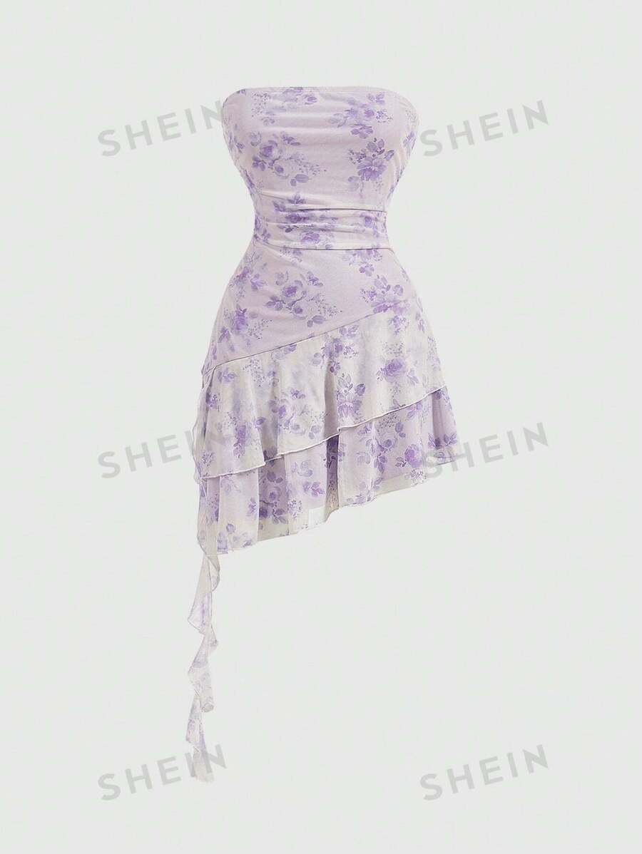 SHEIN MOD Purple Gradient Strapless Floral Double Layered Ruffle ...