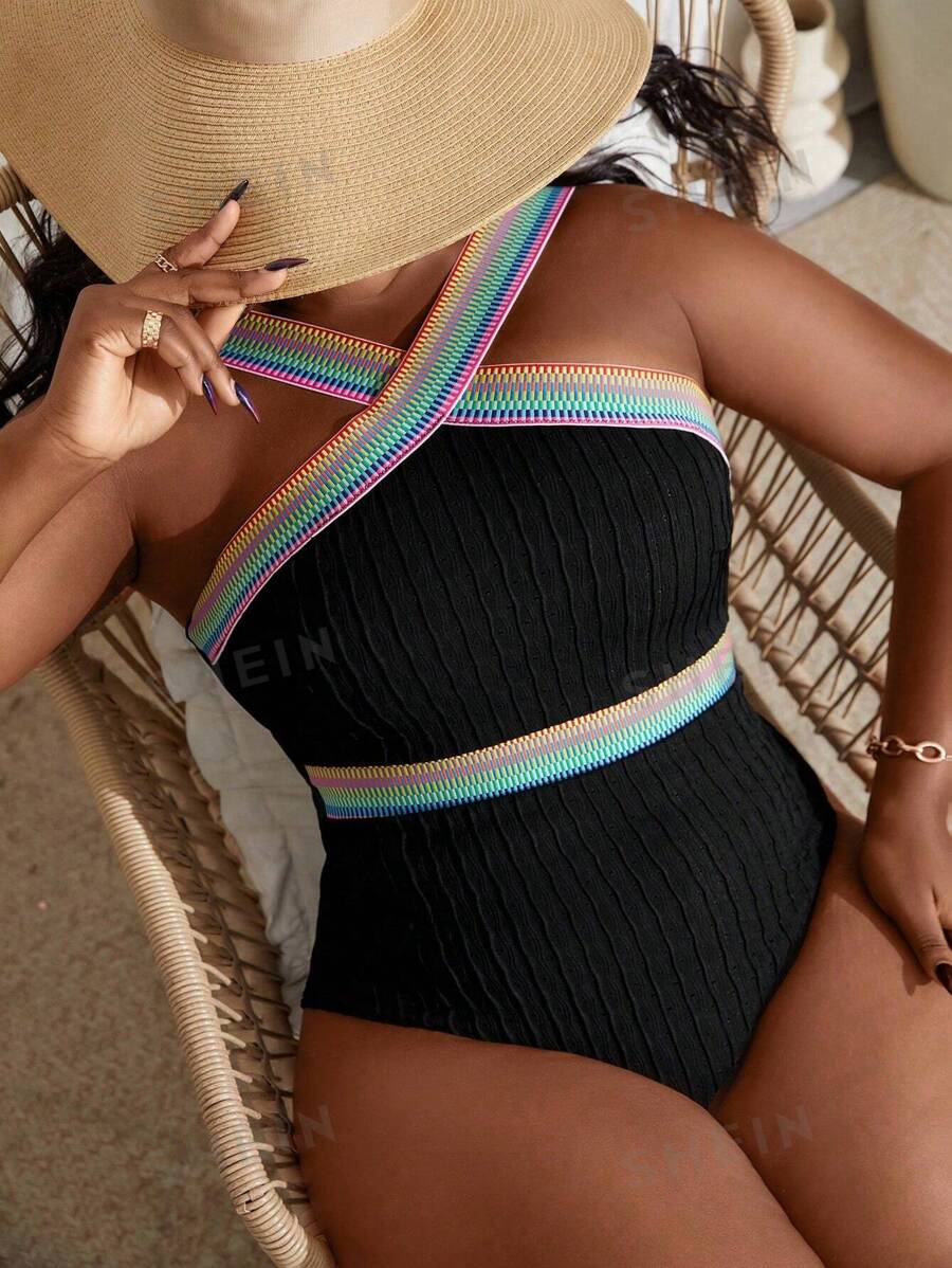 Shein Swim Curve Plus Size Summer Beach Contrast Tape One Piece