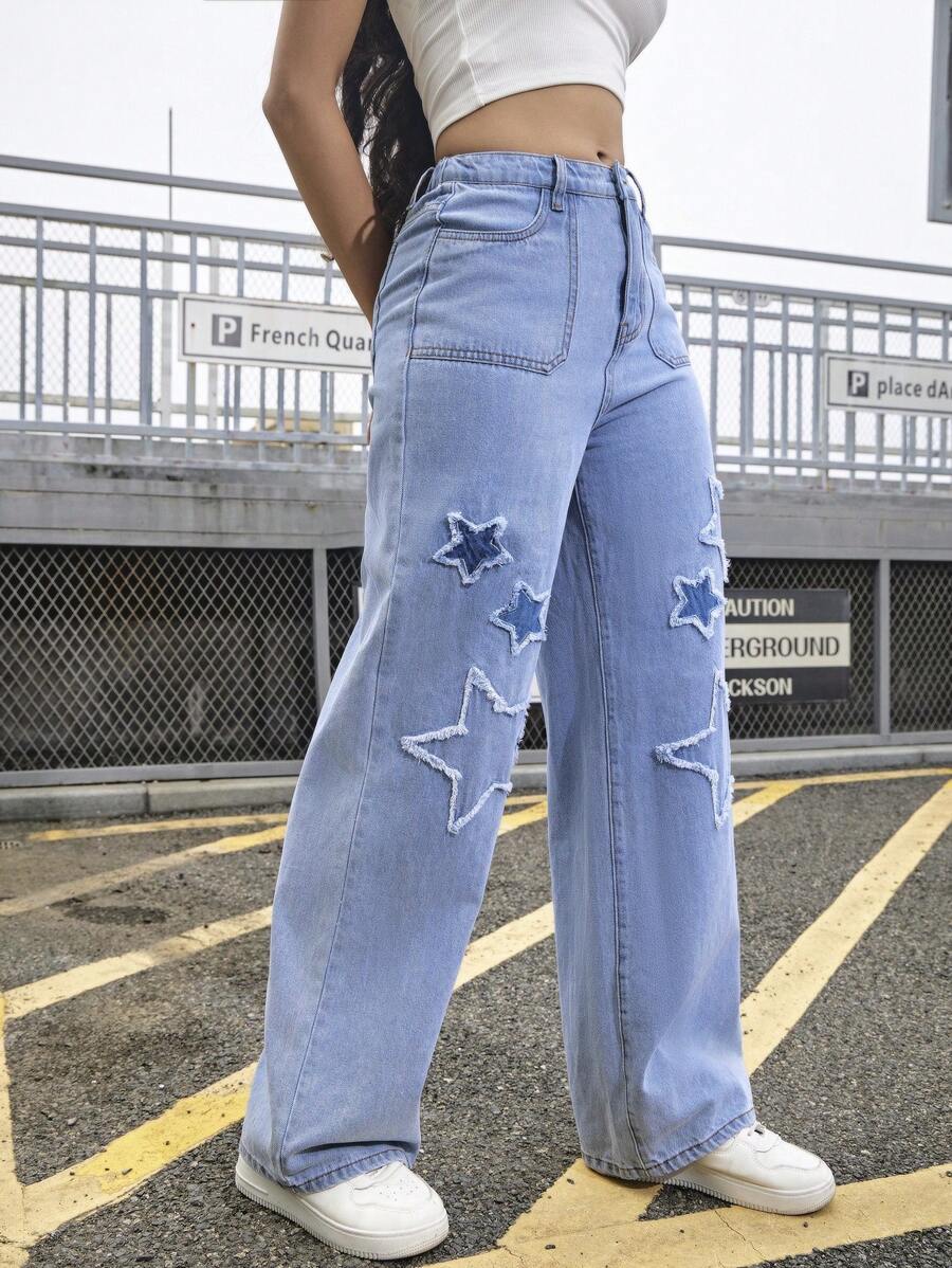 SHEIN Teen Girl Embroidered Star Pattern Jeans, Water Washed Casual And ...