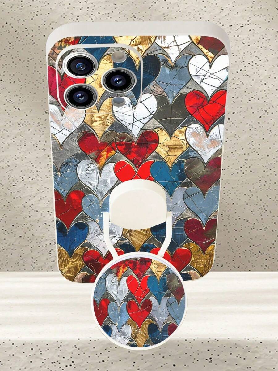 1pc White TPU Anti-Shock Phone Case With Trendy Heart Pattern And 1pc ...