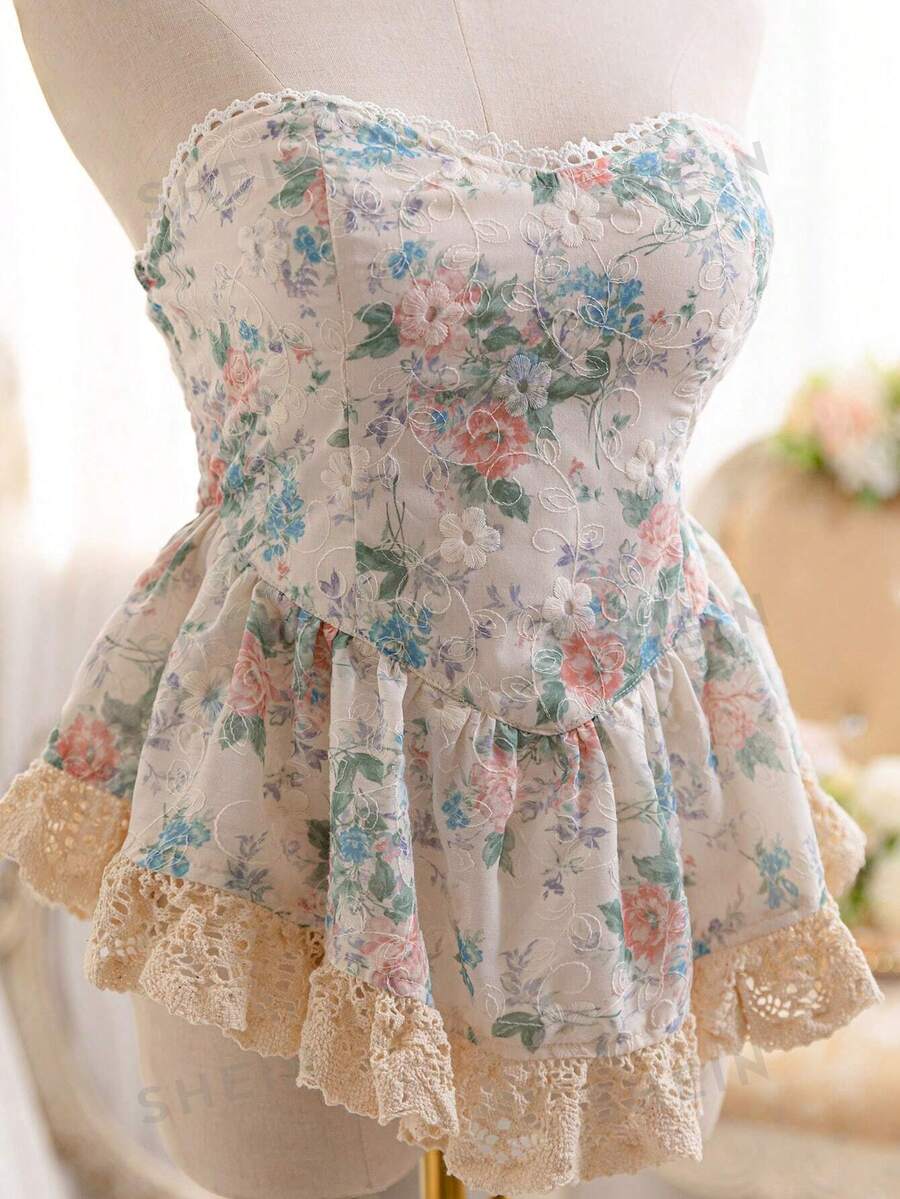 SHEIN WYWH Women Blue Floral Printed Lace Trim Ruffle Hem Bandeau Top ...