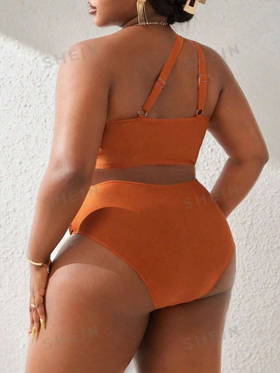 SHEIN Swim Curve Plus Size Women Summer Beach Solid Ruched One Shoulder Tankini Set Bathing Suit ...