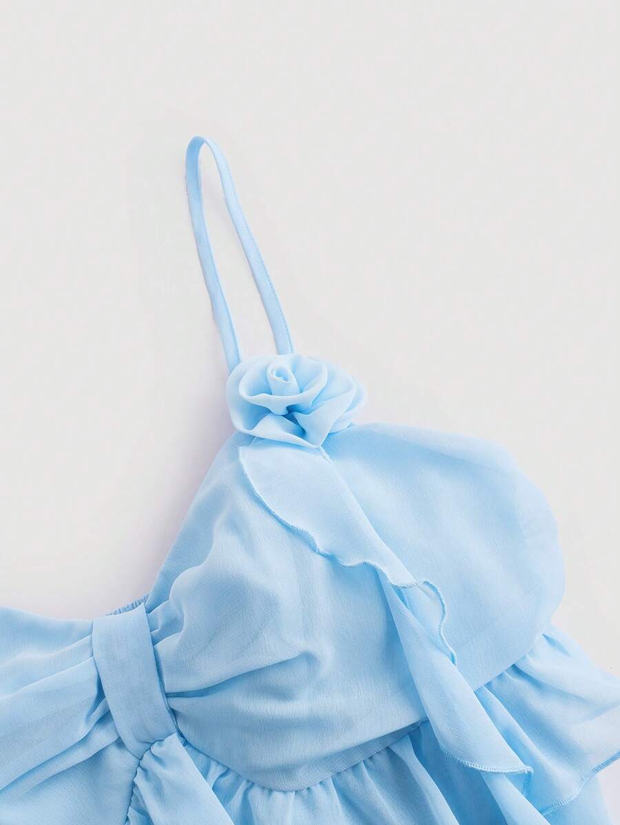 SHEIN MOD Blue Summer Holiday Date 3D Flower Belt Ruffle Hem Pleat High ...