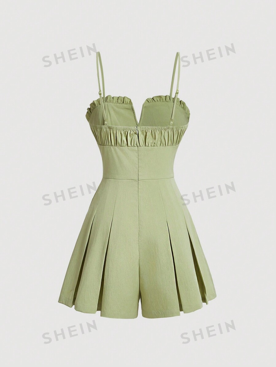 SHEIN MOD Green Pleated V-Neck Wide Leg Jumpsuit With Mushroom Edge And Buckle Strap, Spring And ...