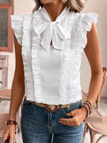 SHEIN Frenchy Summer White Texture See-Through Shirt, Ribbon Neckline, Elegant Romantic Suitable ...