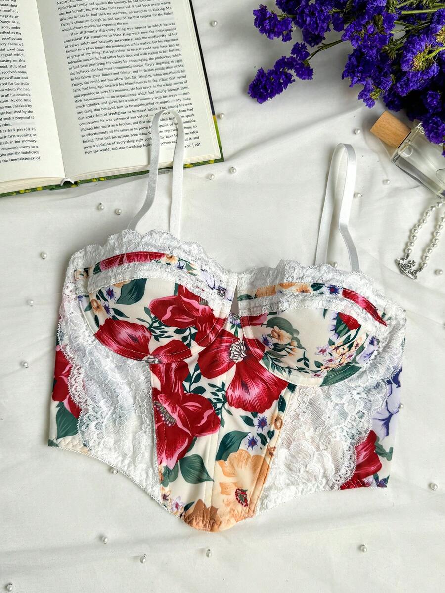 Women Lace Patchwork Romantic Floral Print Bra | SHEIN USA