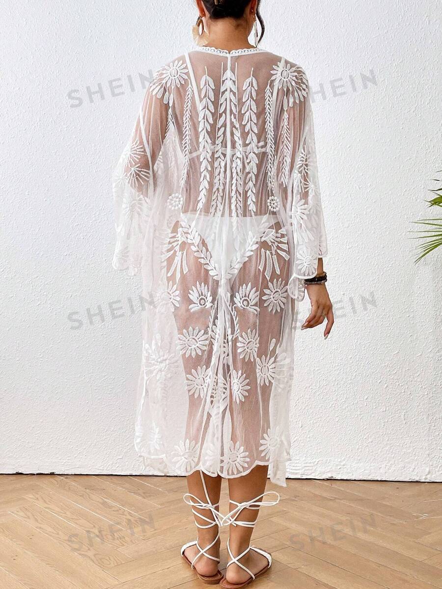 SHEIN VCAY Sheer Solid Kimono Robe Bathrobe Cover Up, Perfect For Beach ...