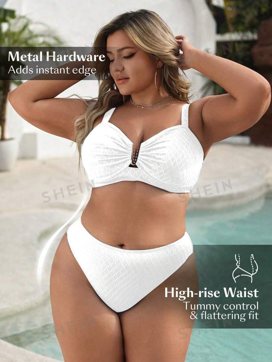 SHEIN Swim Vcay Summer Beach Women Plus Size Plain Color Sexy Bikini Set For Swimming Pool And ...