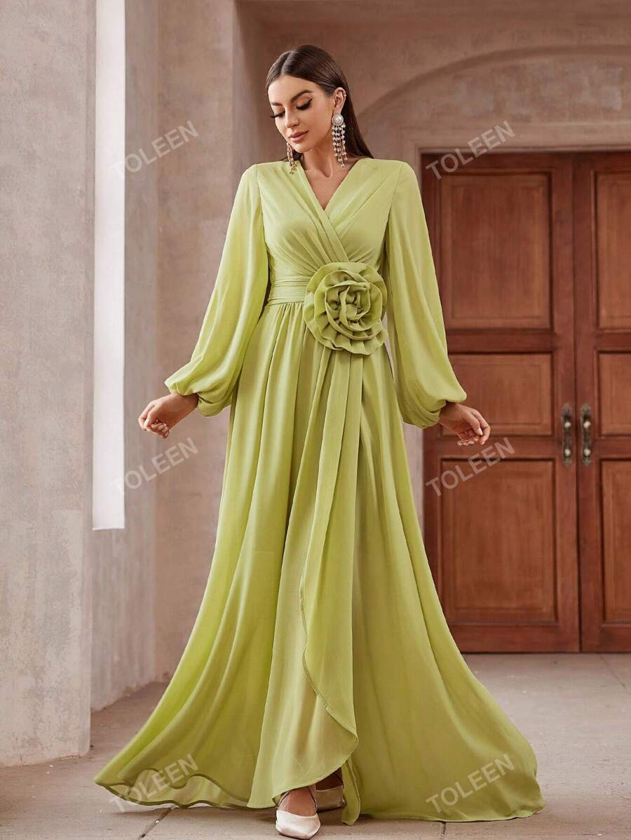 Women's Solid Color 3D Floral Decorated Lantern Sleeve Maxi Cocktail ...