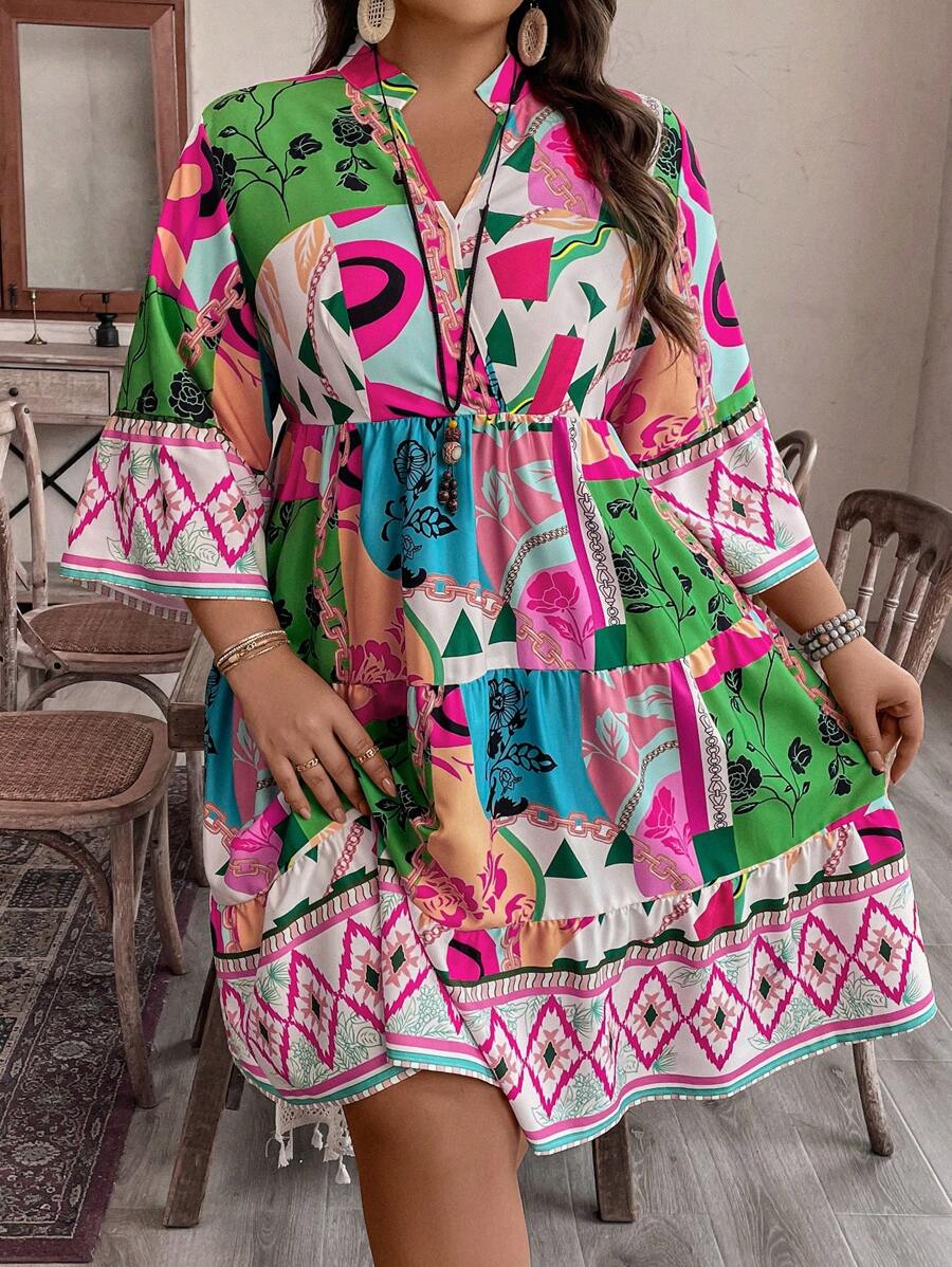 SHEIN Plus Size Women Summer Holiday Style Loose Fit Geometric & Floral Printed Dress With ...