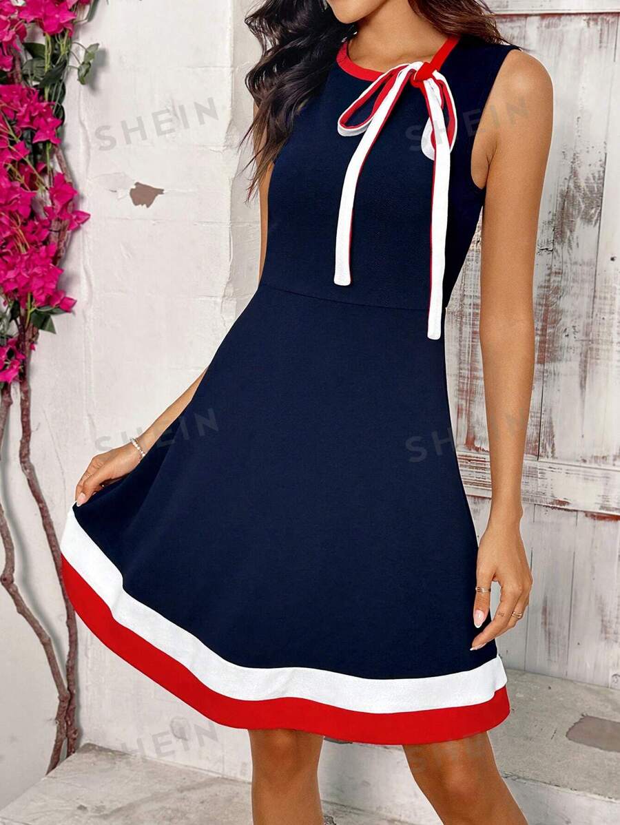 SHEIN Clasi Color Block Striped Sleeveless Navy Style Dress With Bow ...