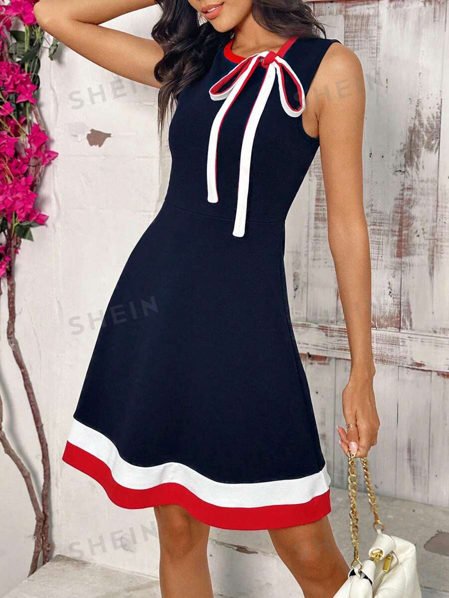 SHEIN Clasi Color Block Striped Sleeveless Navy Style Dress With Bow ...