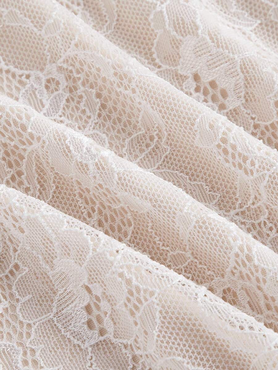 SHEIN MOD White Lace And Translucent Nude Skirt With Stand Collar And ...