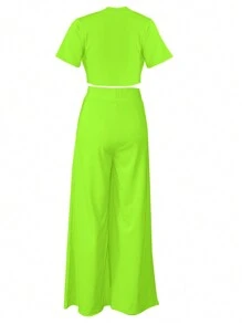Summer Fashion Neon Green Fitted Crop Top & Wide-Leg Pleated Pants Co ...
