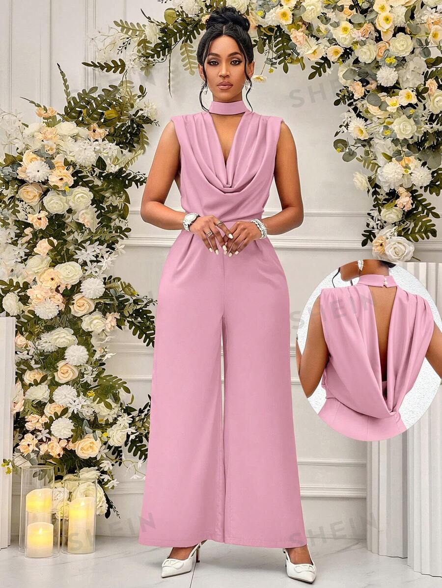 SHEIN Lady Women Summer Solid Color Wide Leg Elegant Jumpsuit With Keyhole Neckline & Loose Fit ...