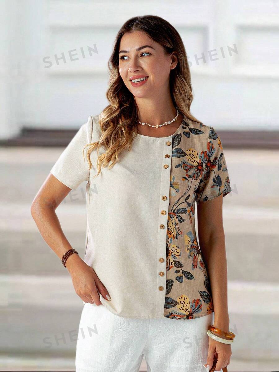 EMERY ROSE Women Round Neck Button Printed Patchwork Casual Short Sleeve Shirt For Spring/Summer ...